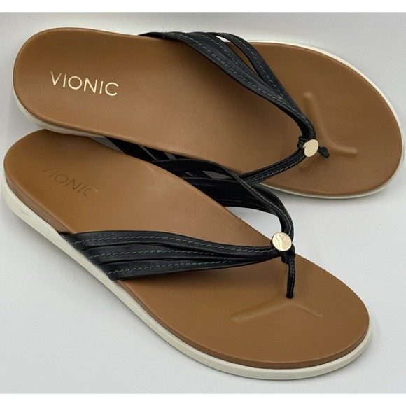 Vionic | Shoes | Vionic Womens Black Leather Upper Gold Accent Flip ...